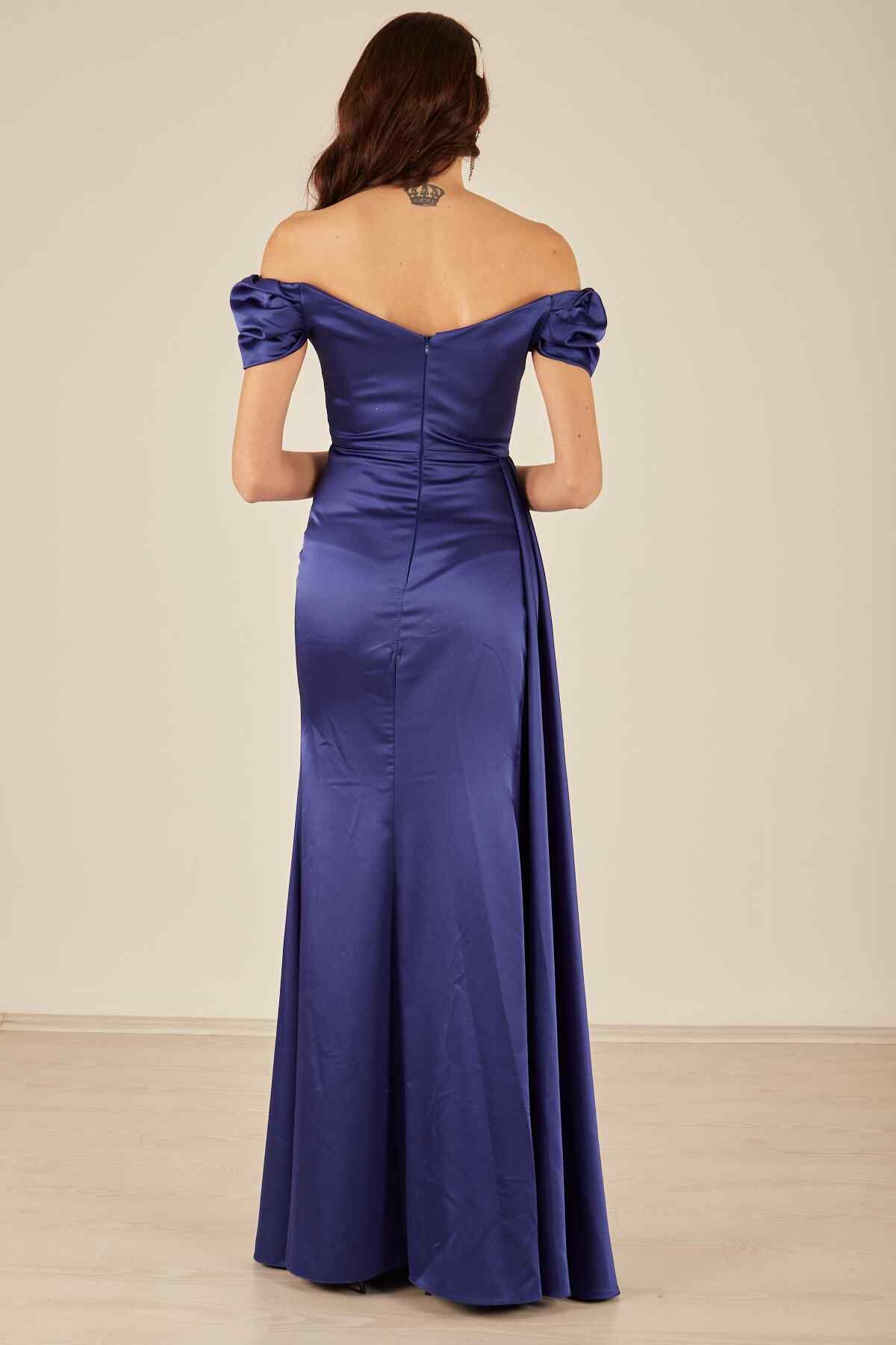 Ardanewline Saks Düşük Omuz Saten Uzun Abiye Elbise | ElbiseBul