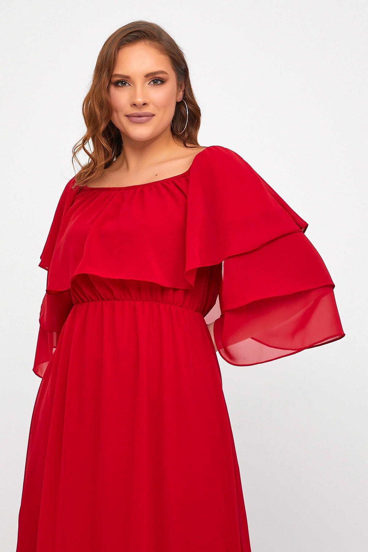 Ada Style K谋rm谋z谋 Carmen Yaka Madonna 艦ifon Uzun Abiye Elbise Elbisebul