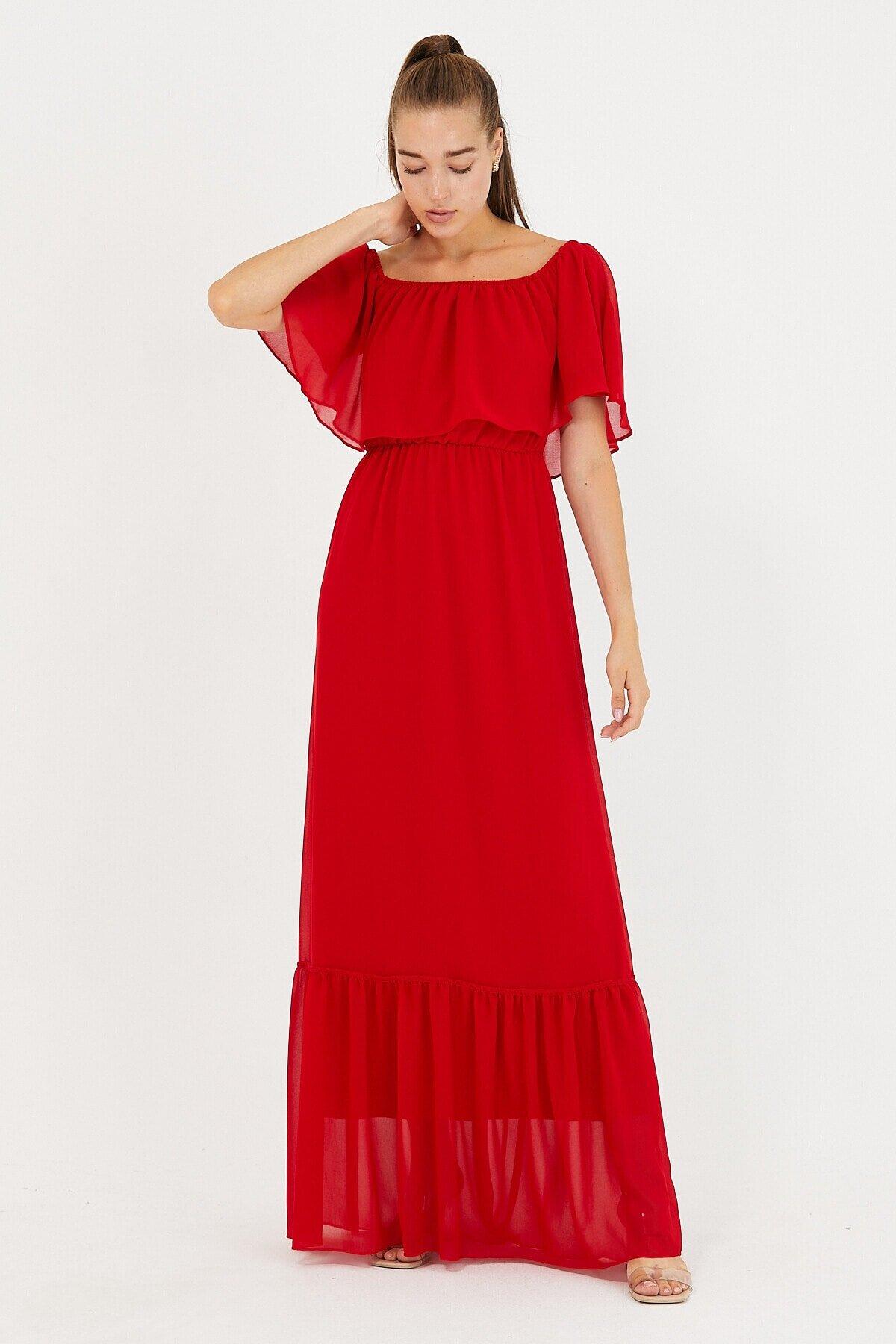 Carmen Yaka Uzun Şifon Elbise - Kırmızı Elbise - Ada Style Elbise | ElbiseBul