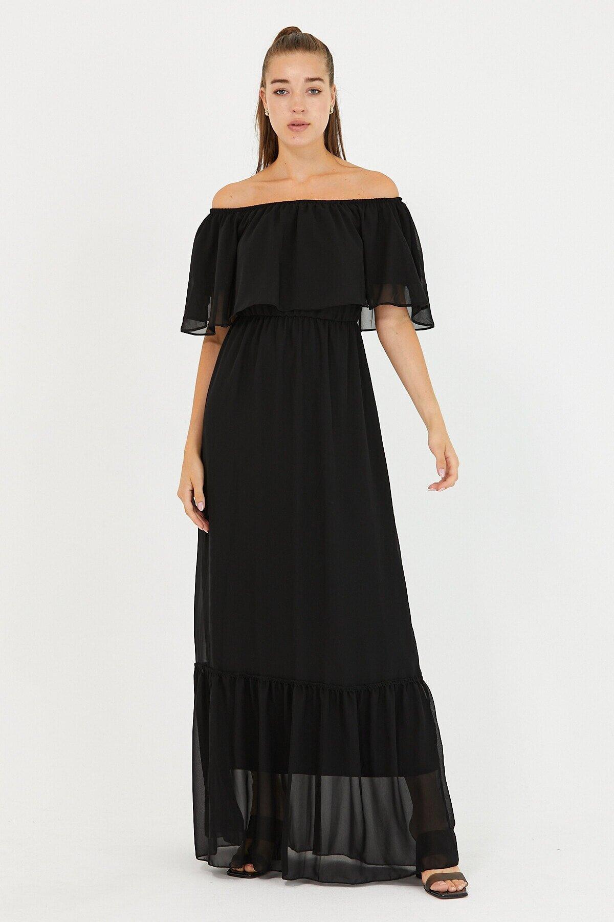 Carmen Yaka Uzun Şifon Elbise - Siyah Elbise - Ada Style Elbise | ElbiseBul