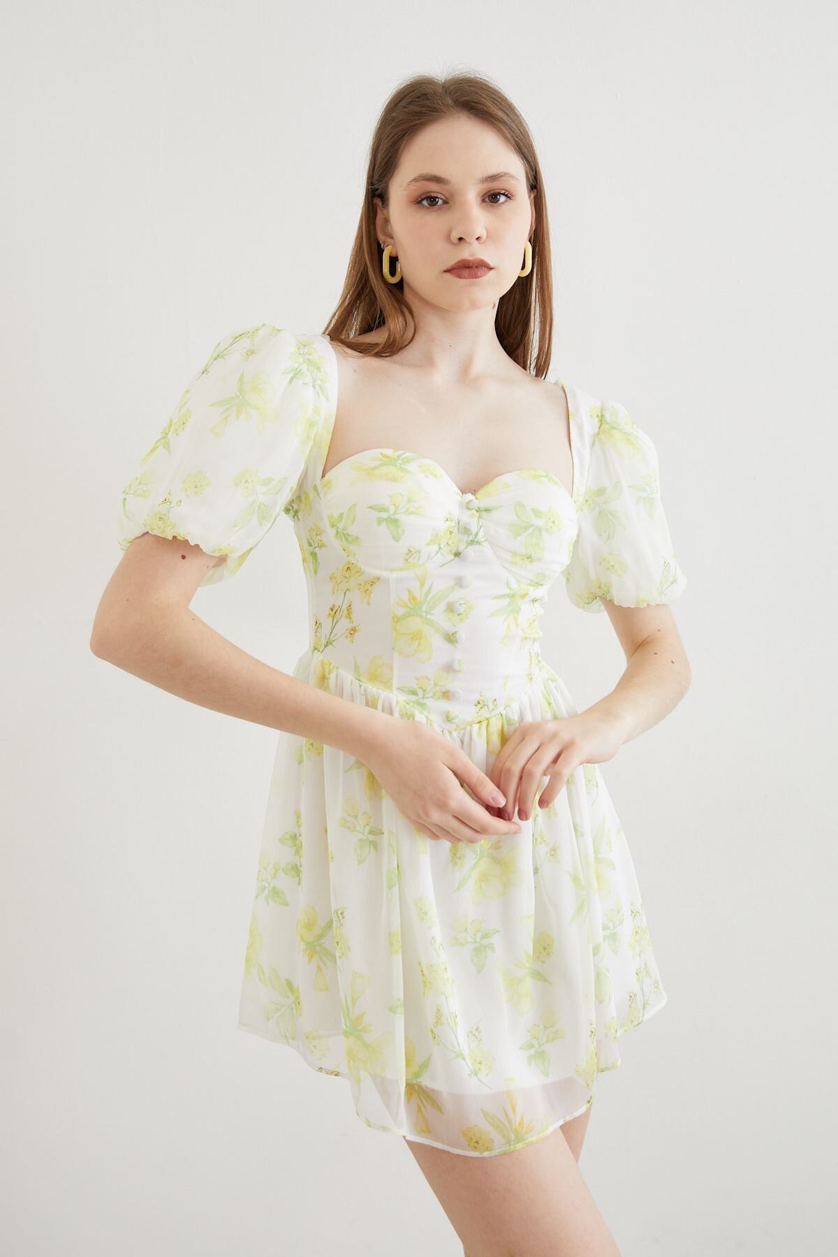 Balon Kol Mini Elbise - Ekru Elbise - Spesniks Elbise | ElbiseBul