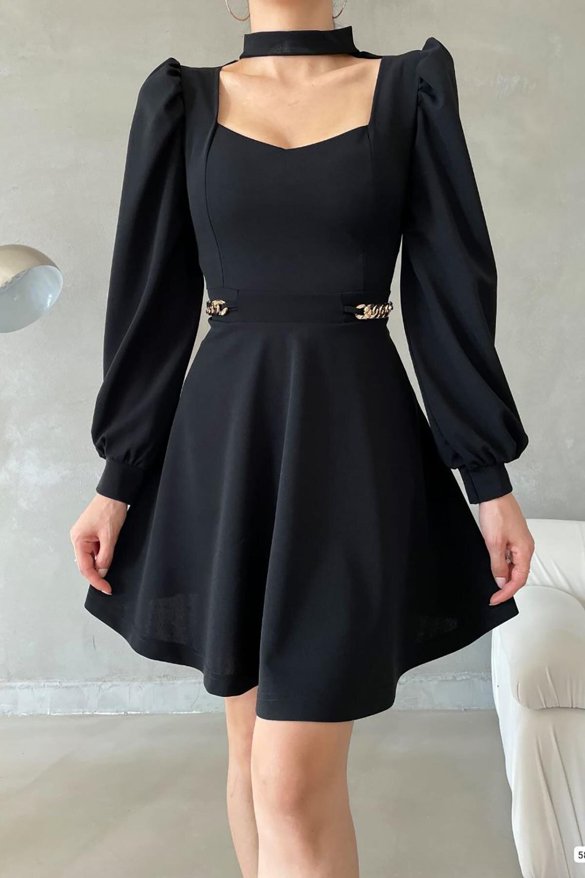 Zincir Detay Pencere Yaka İthal Krep Kumaş Uzun Kol Mini Elbise - Siyah ...