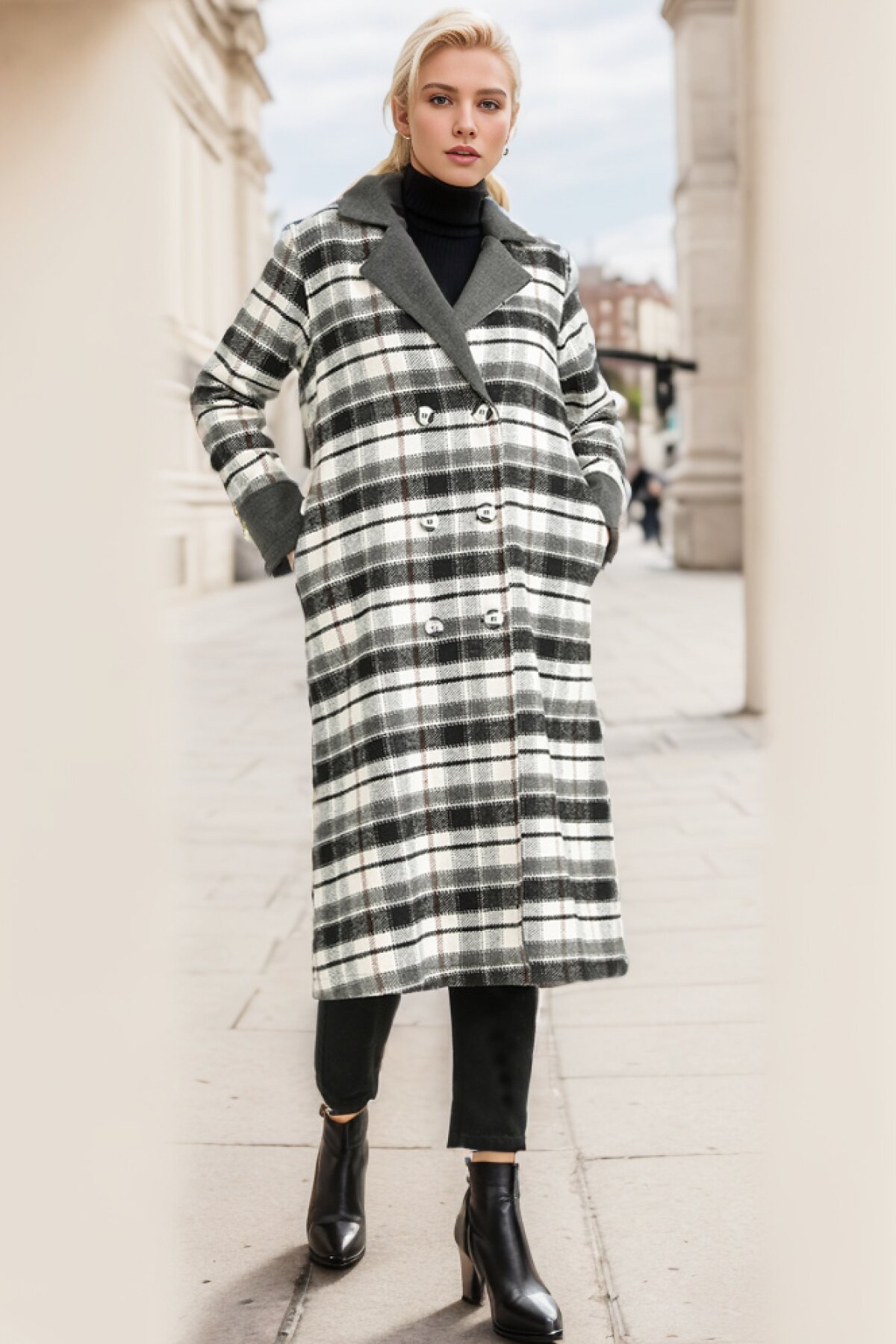 Layda Moda Siyah Gri Kruvaze Yaka Kaşe Kaban | ElbiseBul